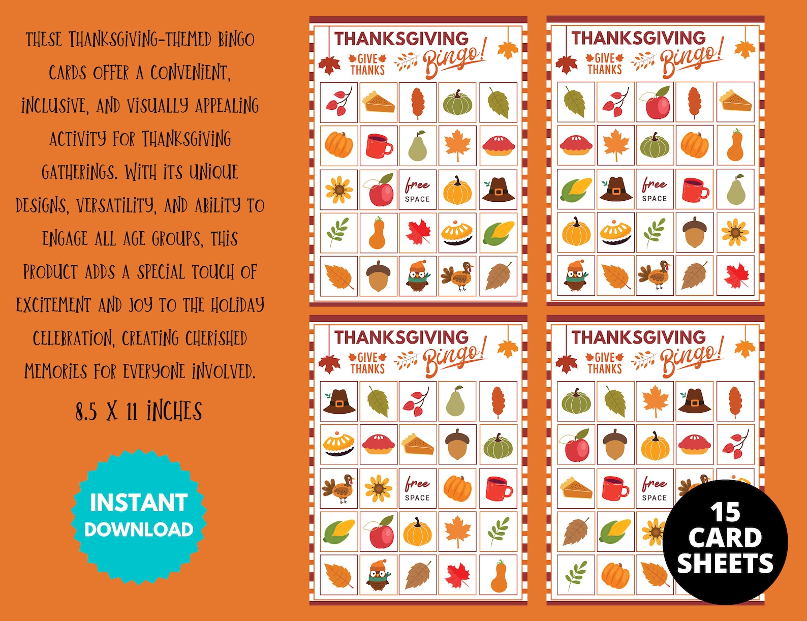 Printable Thanksgiving Bingo Cards, Festive Holiday Party Game, Fall ...