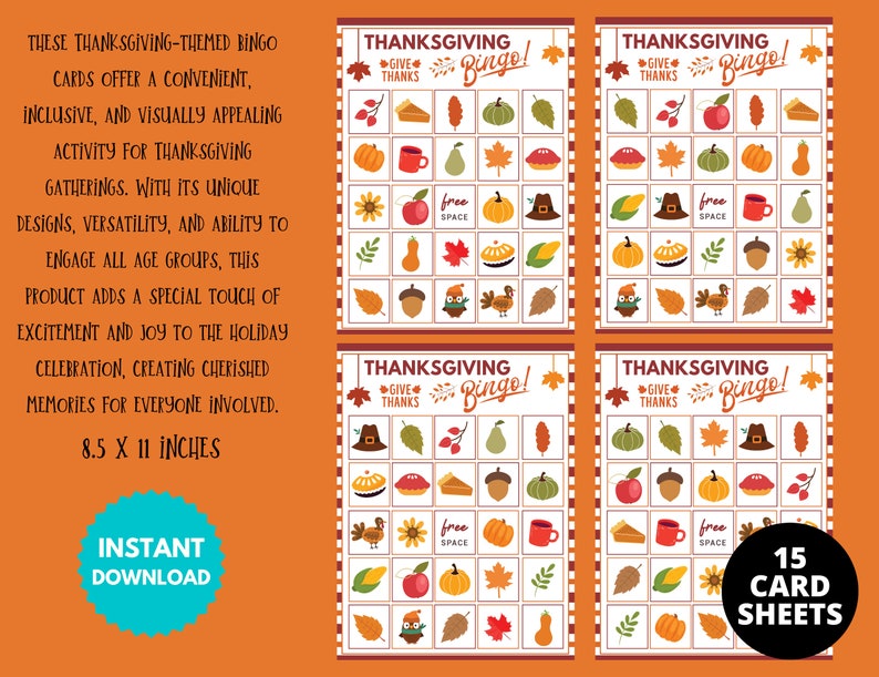 Printable Thanksgiving Bingo Cards, Festive Holiday Party Game, Fall ...