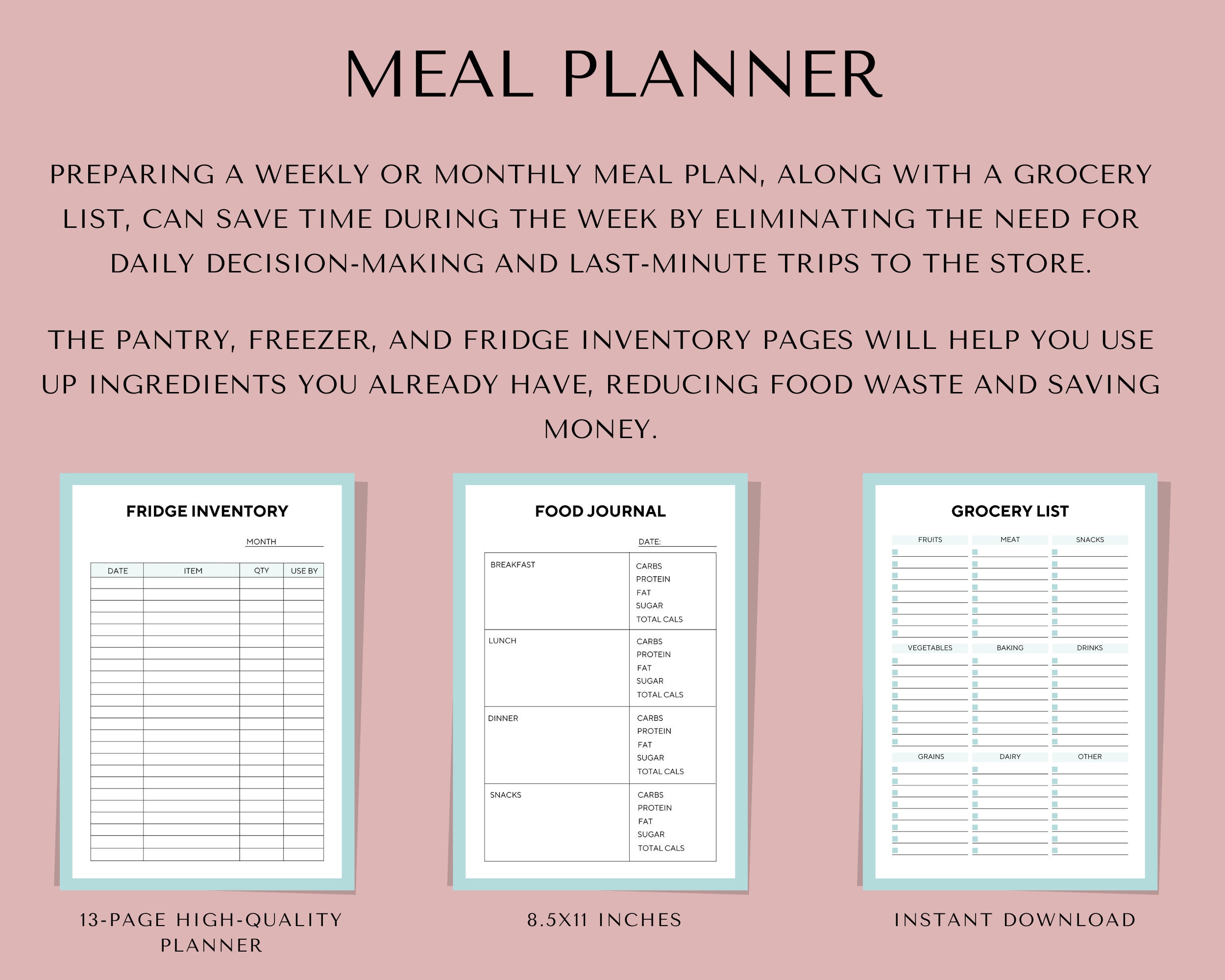 Meal Planner Printable Editable Weekly Food Diary Bundle - Etsy