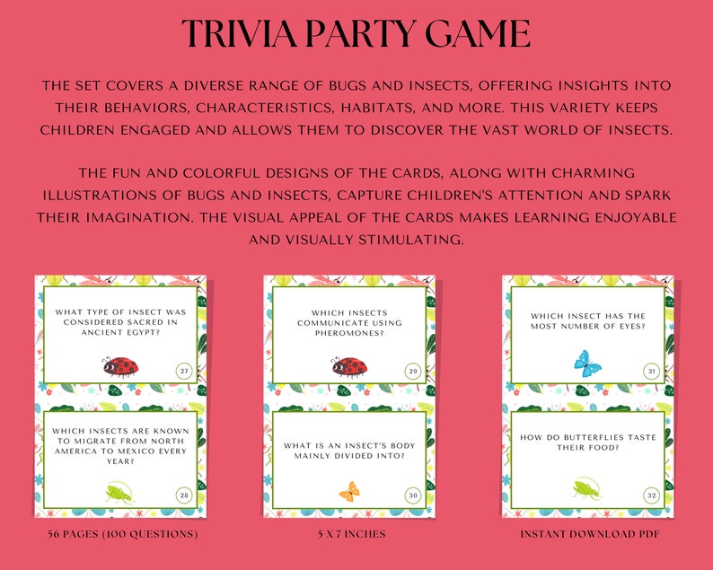 Bugs & Insects Trivia Cards Set, Trivia Game Printable, Trivia Night ...