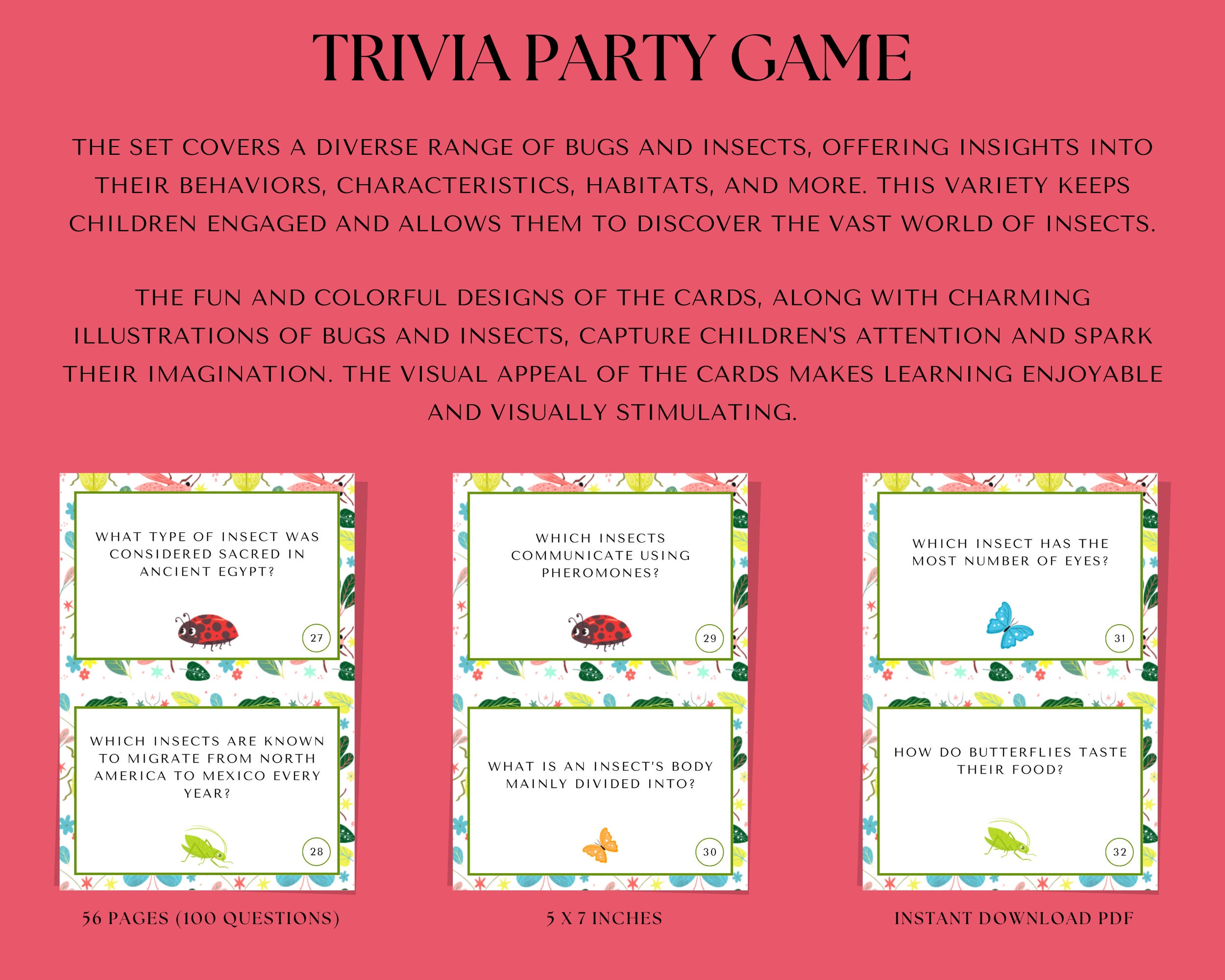 Bugs & Insects Trivia Cards Set, Trivia Game Printable, Trivia Night ...