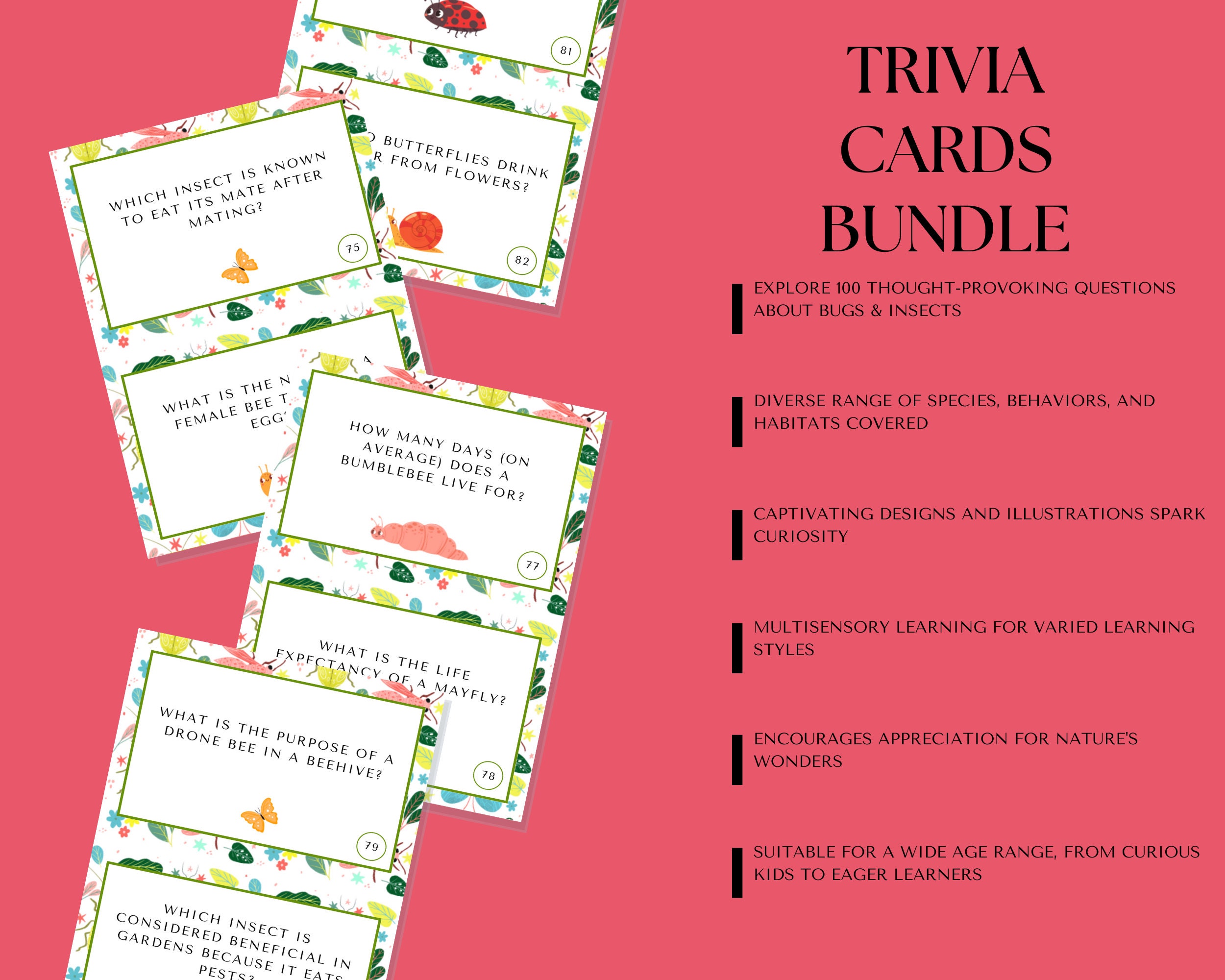 Bugs & Insects Trivia Cards Set, Trivia Game Printable, Trivia Night ...