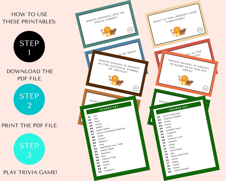 Animal Trivia Cards Set, Trivia Game Printable, Trivia Night, Question ...