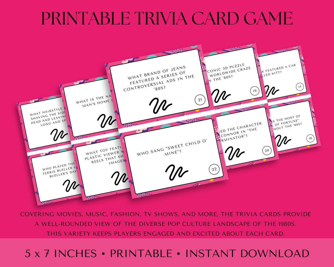 80s Pop Culture Trivia Cards Set Trivia Game Printable - Etsy