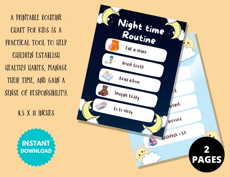 Routine Chart for Kids, Printable Morning & Evening Responsibility ...