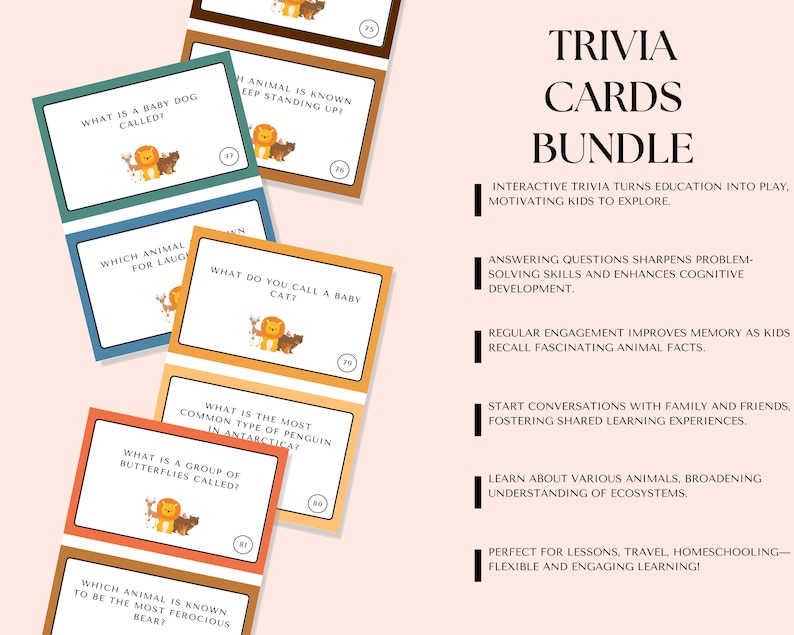 Animal Trivia Cards Set, Trivia Game Printable, Trivia Night, Question ...