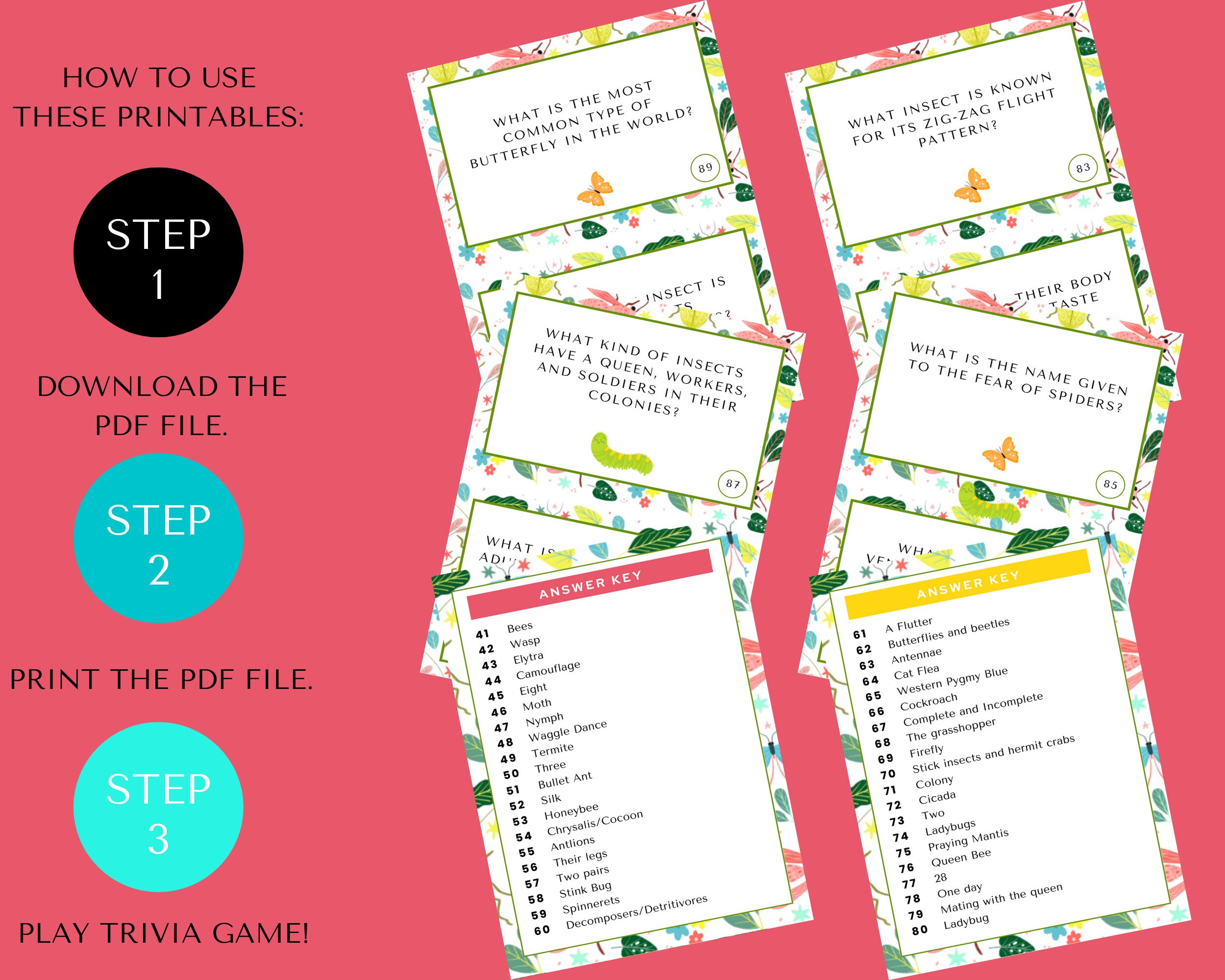 Bugs & Insects Trivia Cards Set, Trivia Game Printable, Trivia Night ...