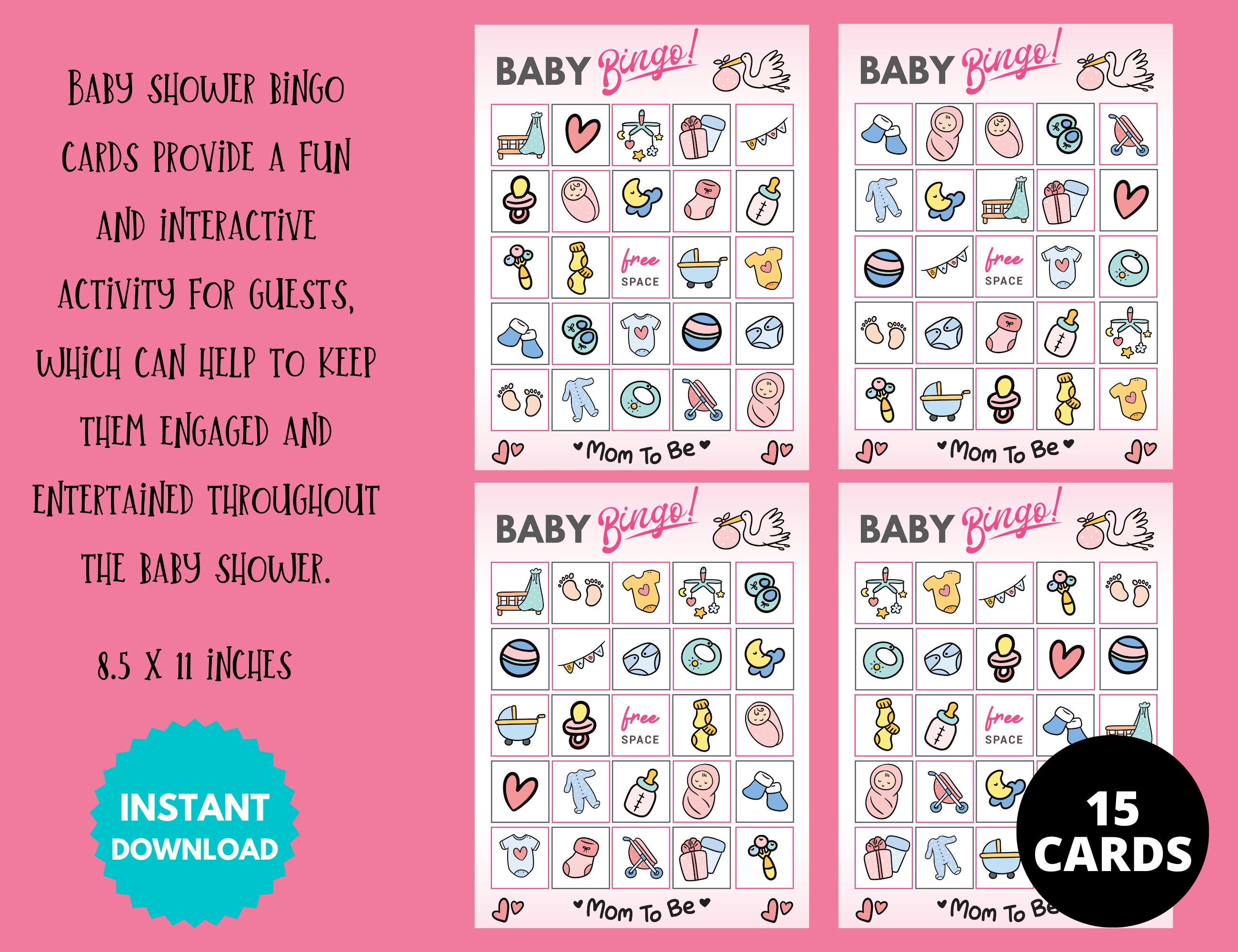 Baby Shower Bingo Printable, Baby Girl Bingo Printable, Baby Shower ...