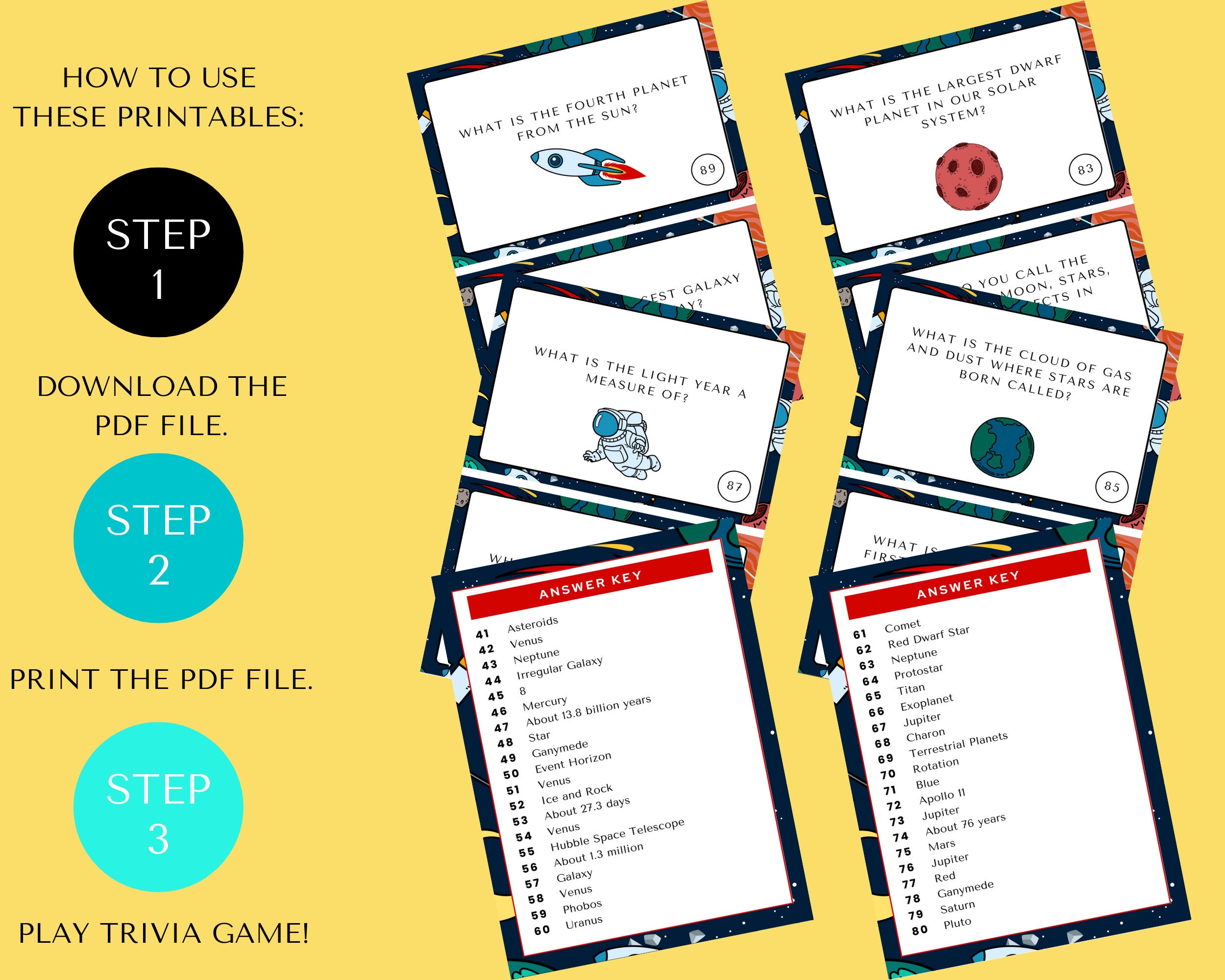 Space Trivia Cards Set, Trivia Game Printable, Trivia Night, Question ...