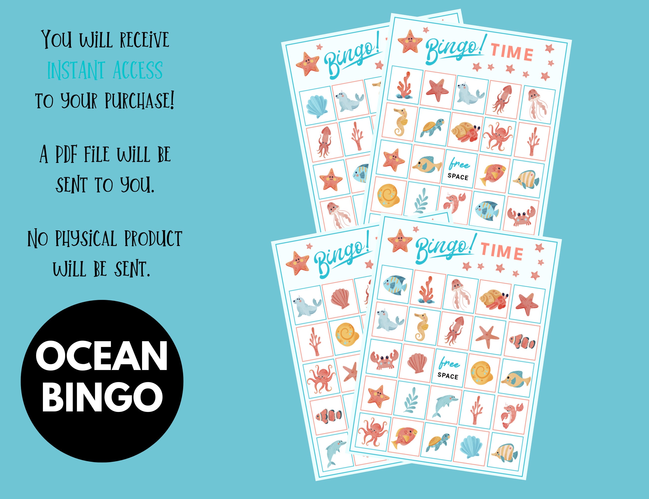Ocean Bingo Cards With Sea Animal Friends, Printable Marine Life Party ...