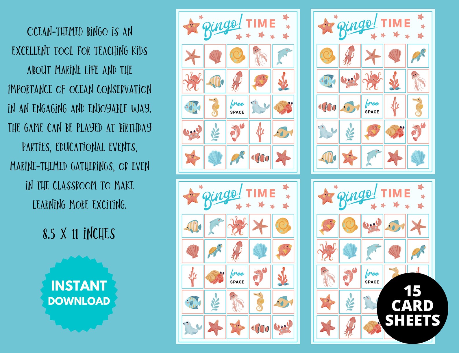 Ocean Bingo Cards With Sea Animal Friends, Printable Marine Life Party ...