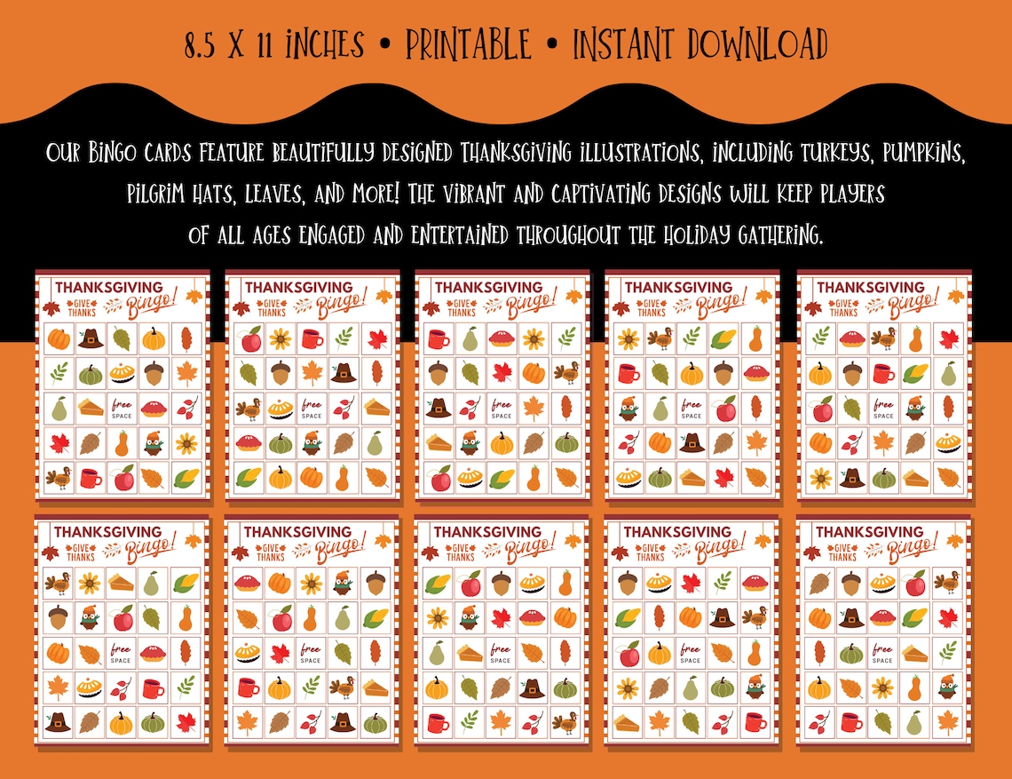 Printable Thanksgiving Bingo Cards, Festive Holiday Party Game, Fall ...