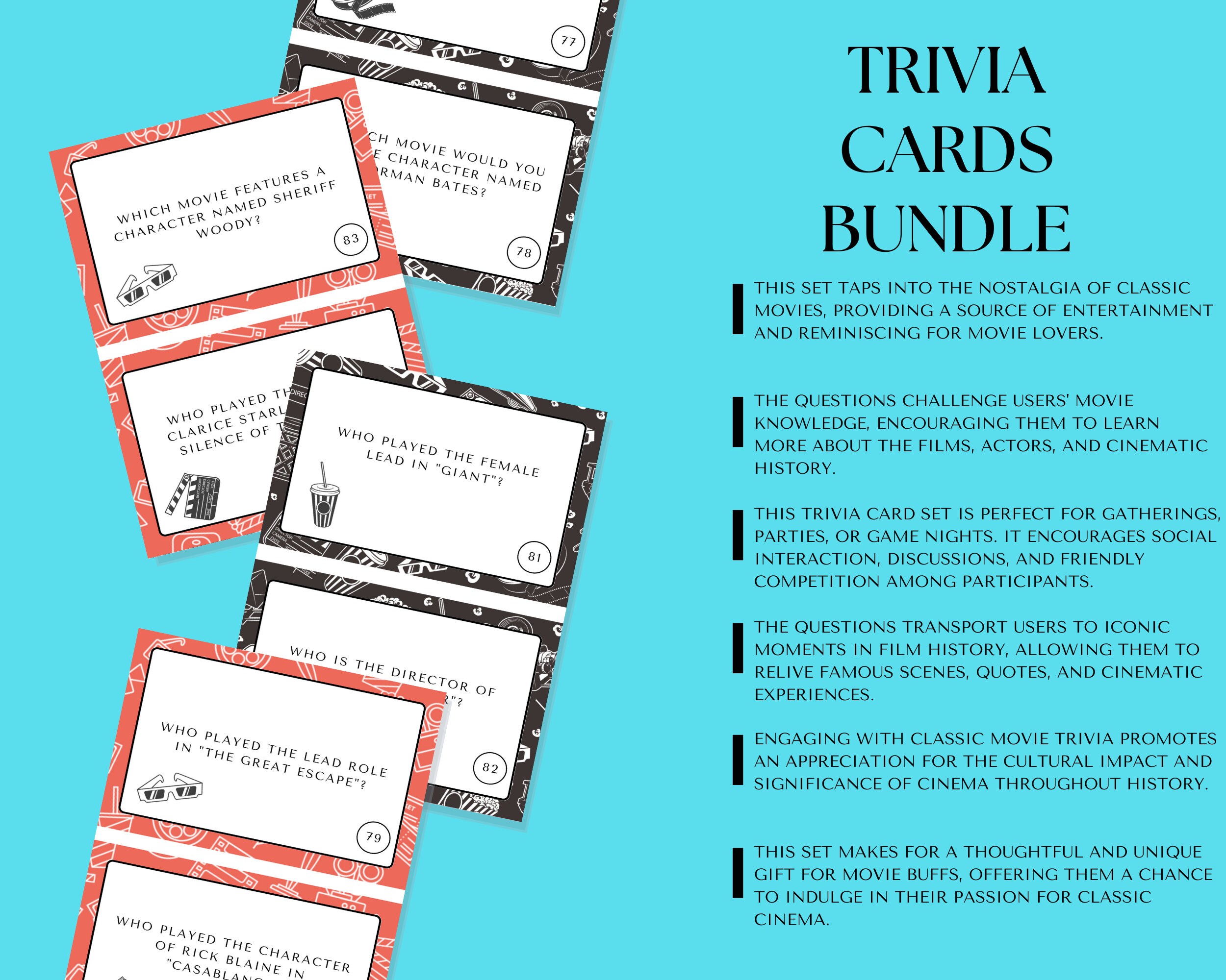 Classic Movies Trivia Cards Set, Trivia Game Printable, Trivia Night ...