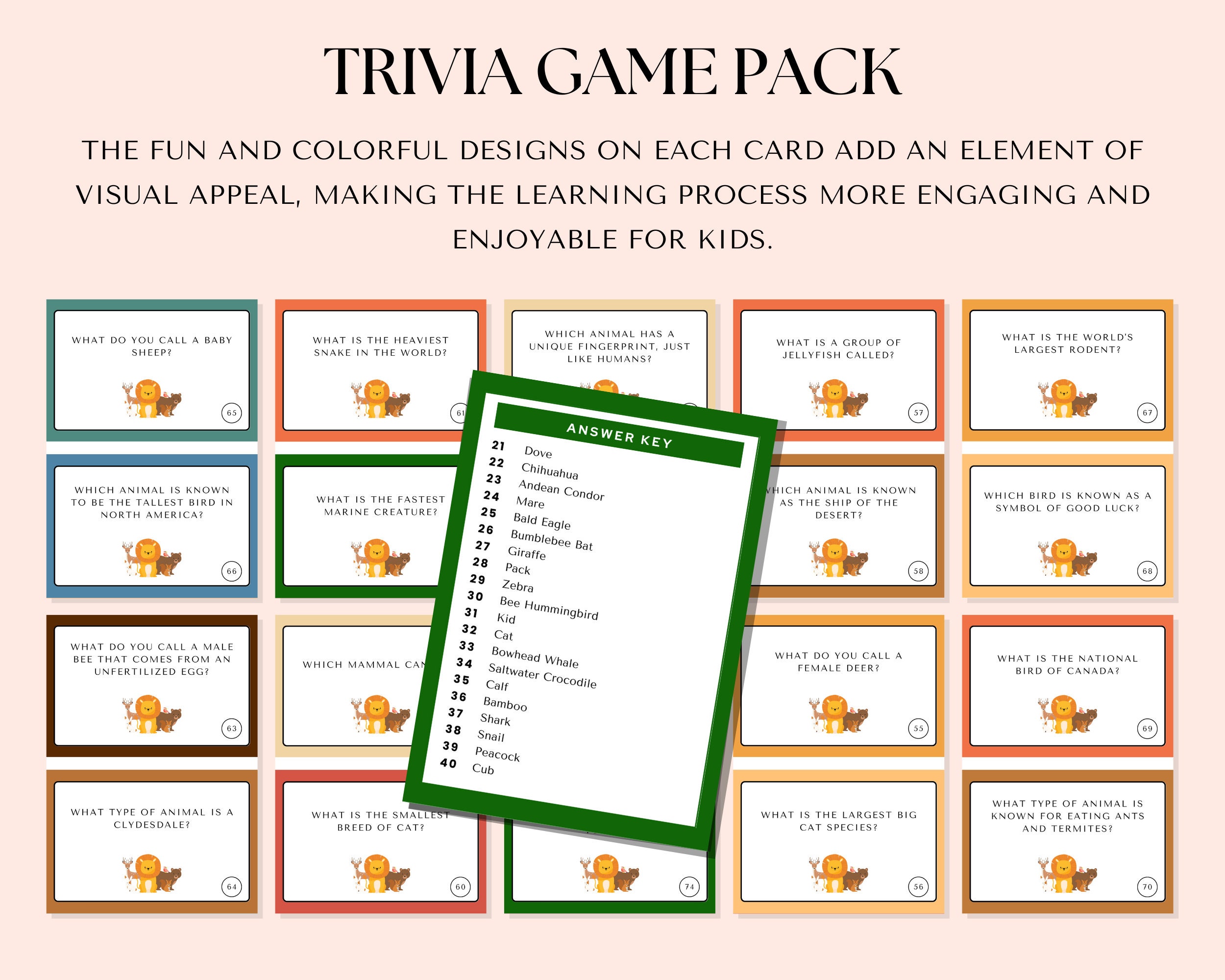 Animal Trivia Cards Set, Trivia Game Printable, Trivia Night, Question ...