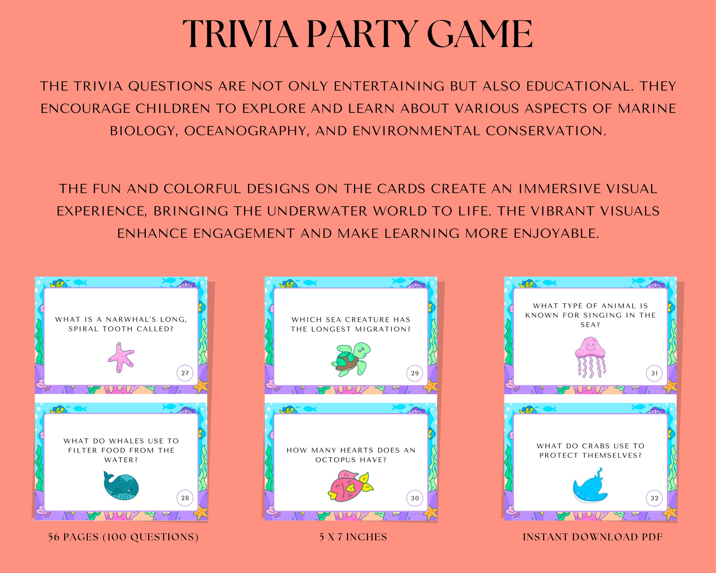 Under the Sea Trivia Cards Set, Trivia Game Printable, Trivia Night ...