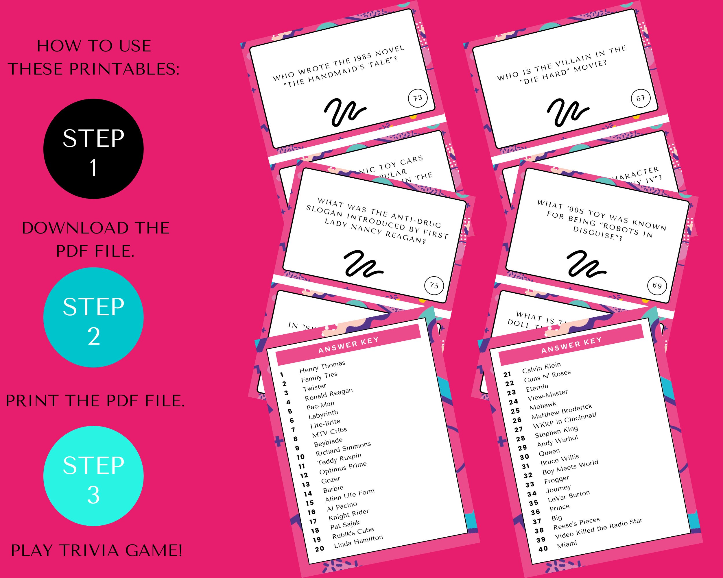 80s Pop Culture Trivia Cards Set, Trivia Game Printable, Trivia Night ...