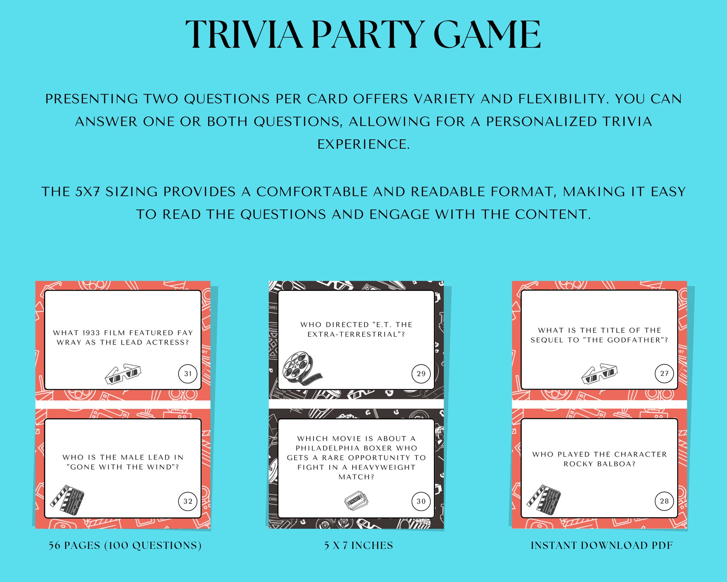 Classic Movies Trivia Cards Set, Trivia Game Printable, Trivia Night ...