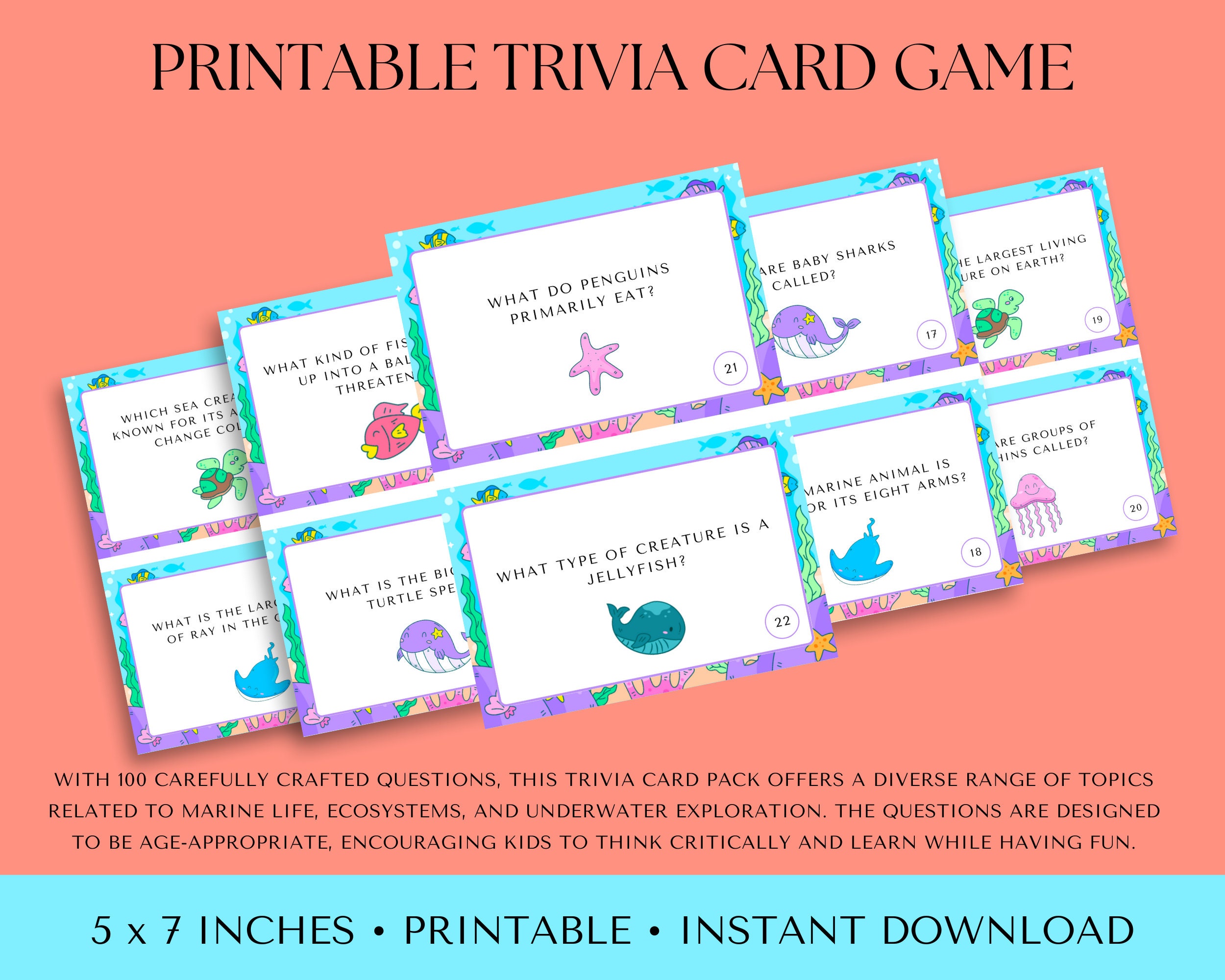 Under the Sea Trivia Cards Set, Trivia Game Printable, Trivia Night ...