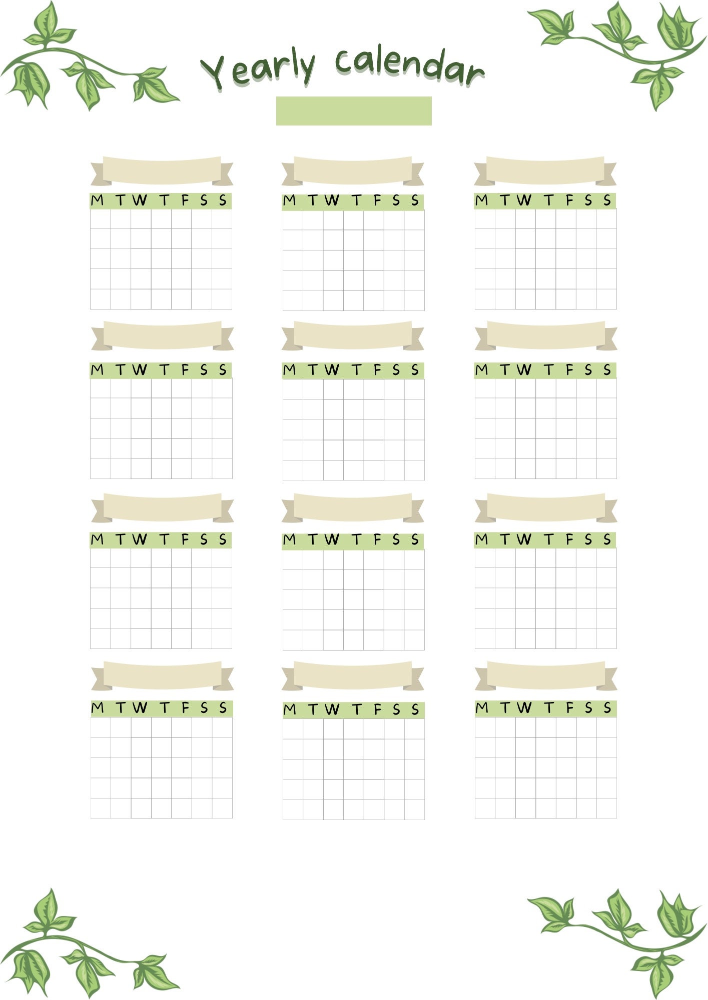 Digital Printable Undated Yearly/monthly Calendar, Earthy Theme, Four ...