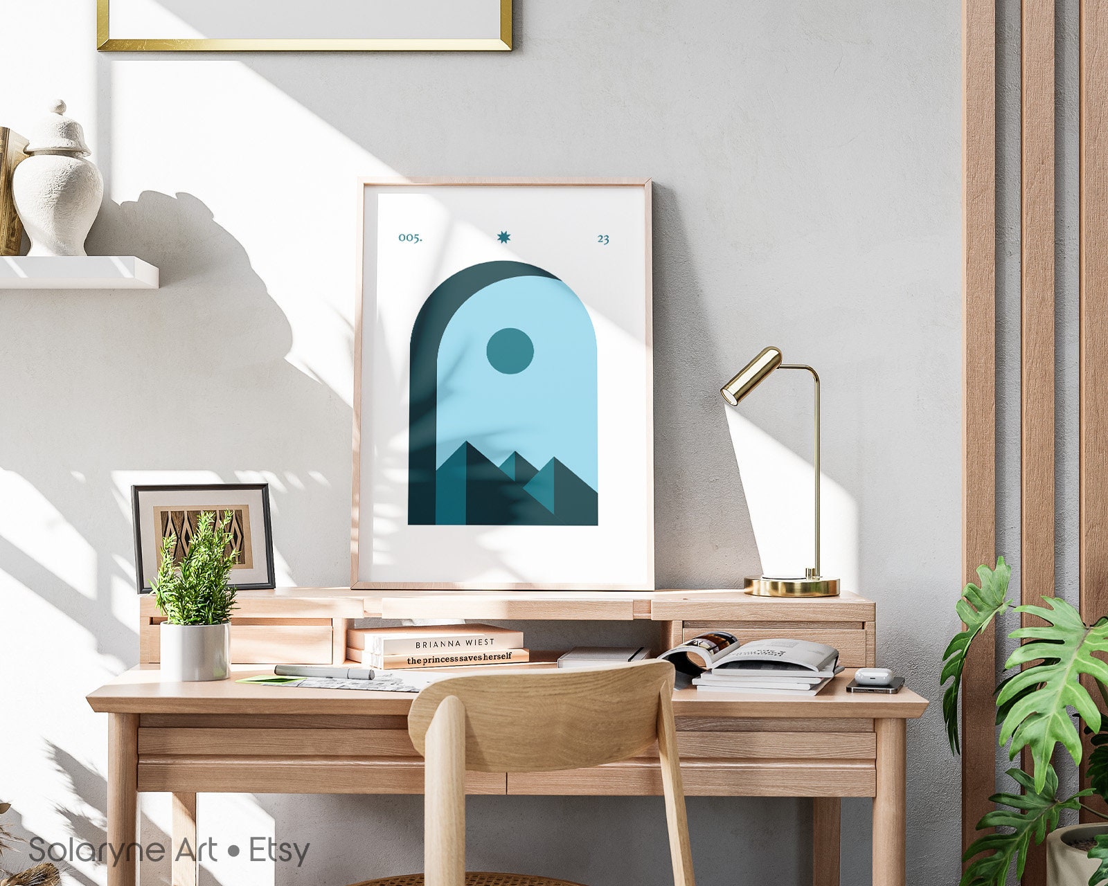 Teal Mountain Print, Geometric Shapes Wall Art, Blue Green Landscape ...