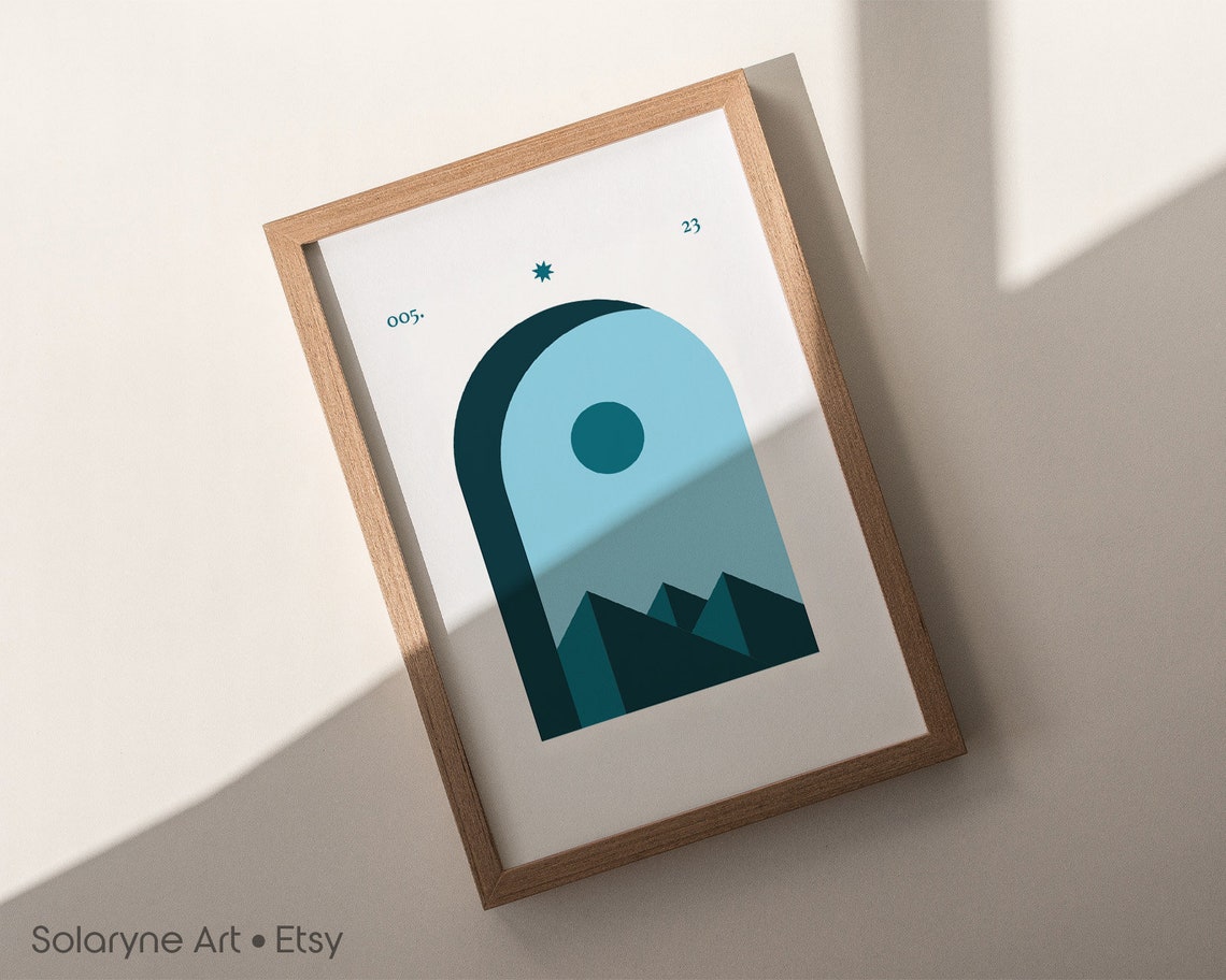 Teal Mountain Print, Geometric Shapes Wall Art, Blue Green Landscape ...