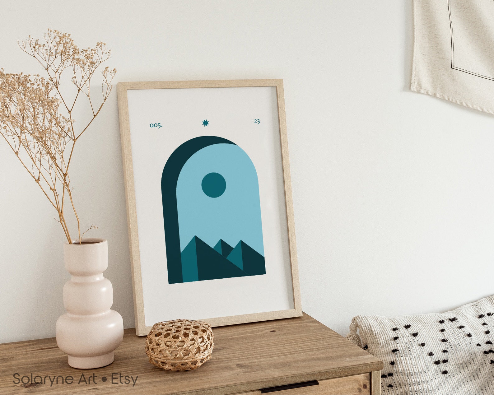 Teal Mountain Print, Geometric Shapes Wall Art, Blue Green Landscape ...