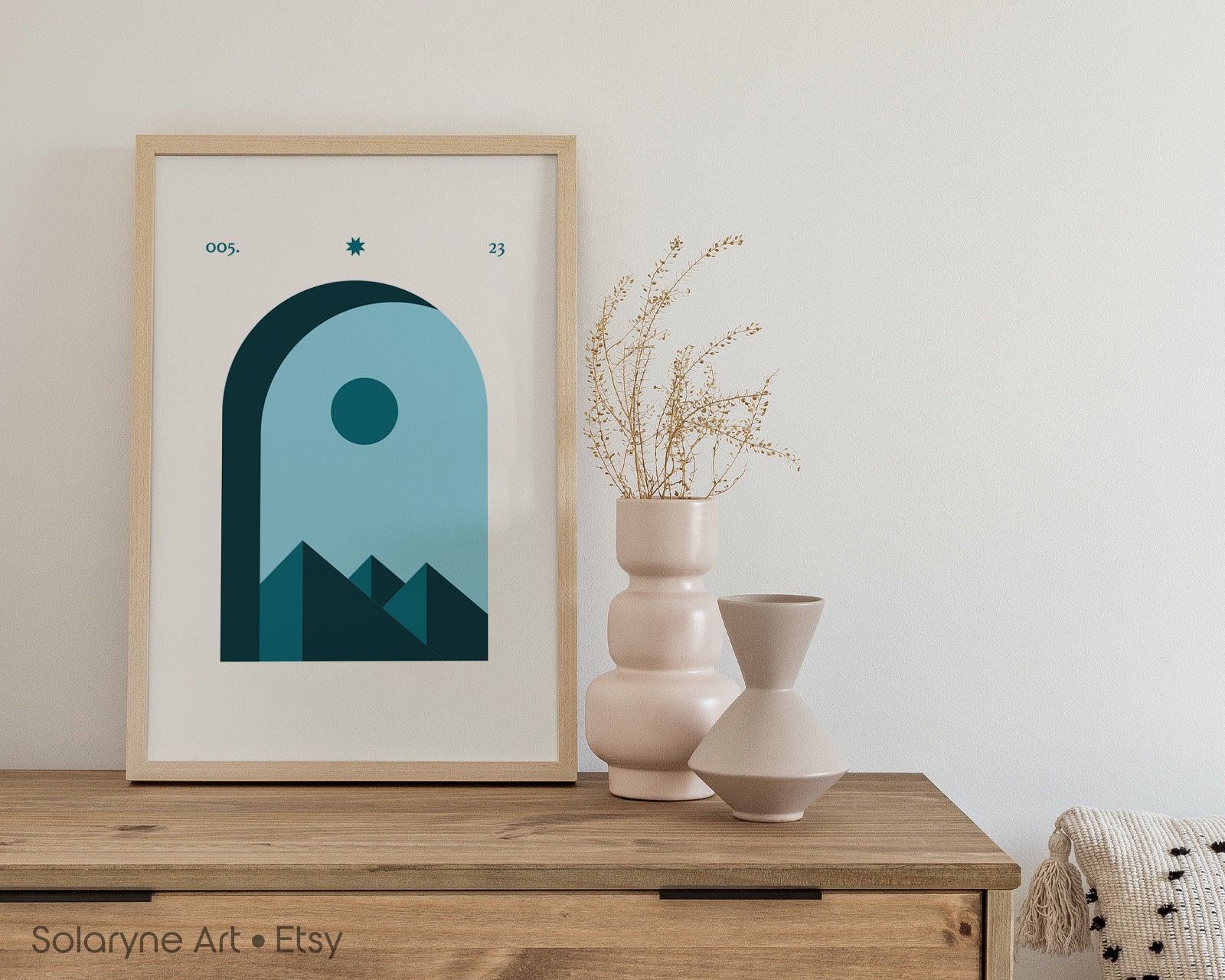 Teal Mountain Print, Geometric Shapes Wall Art, Blue Green Landscape ...