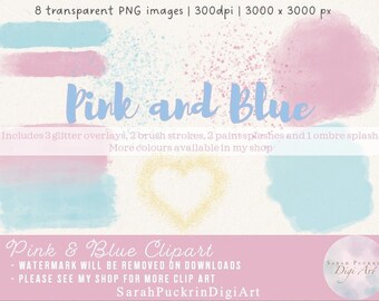 Pink and Blue Watercolor Splashes Digital Clipart Watercolor - Etsy
