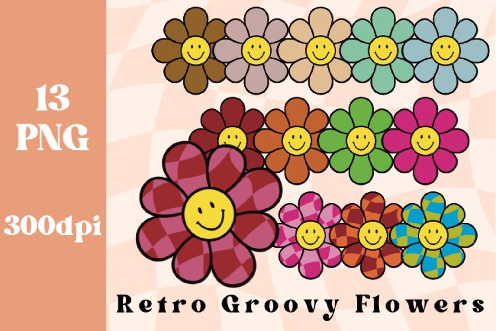 Retro Flowers Smiley Face 90s Check Checked Floral Hippy Groovy Boho 13 ...