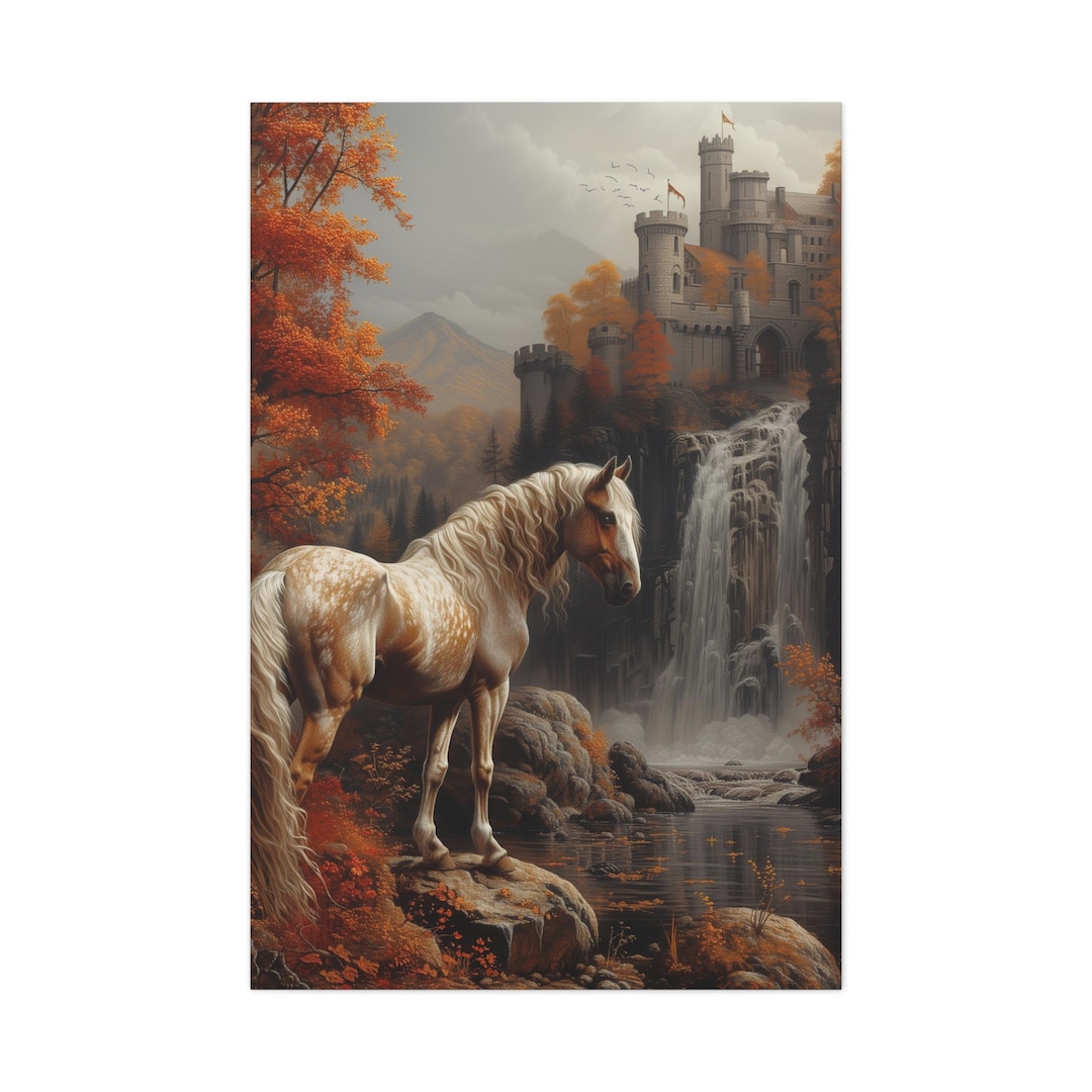 Autumn Majesty: Noble Steed and Waterfall Castle Canvas Print - Etsy