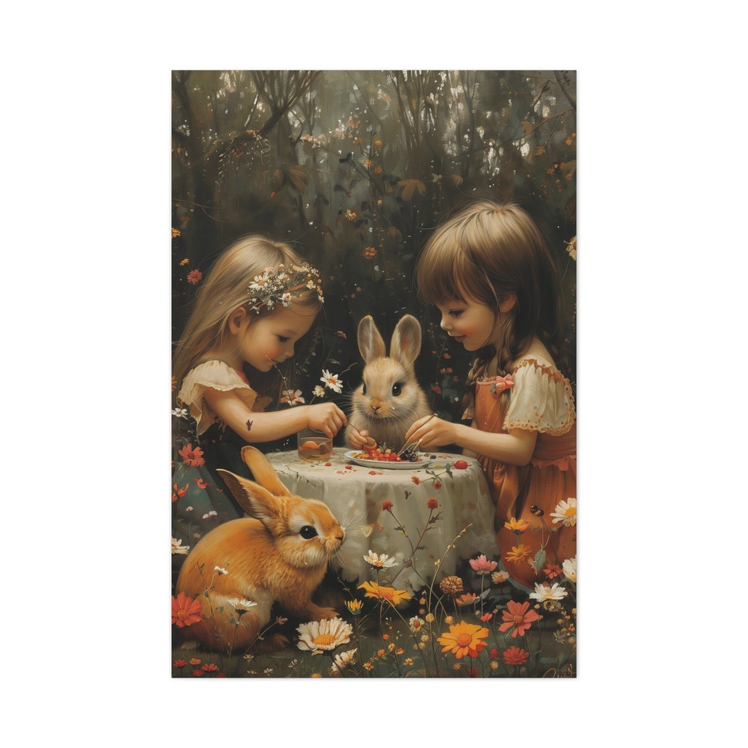 Spring Bunnies Art, Spring Bunny Rabbits Canvas, Picnic Canvas Art ...