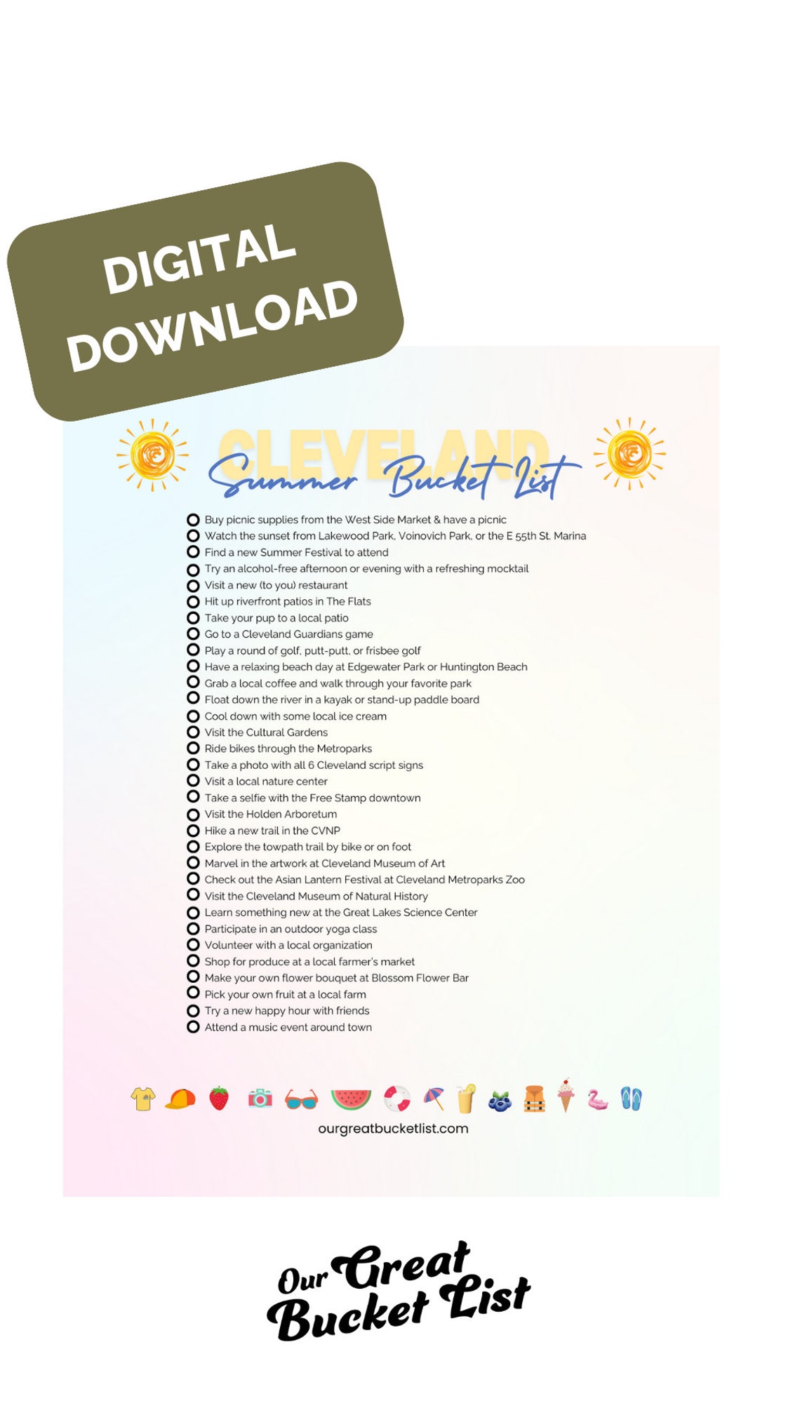 Summer Bucket List Digital Download Printable Create Your Own Summer ...