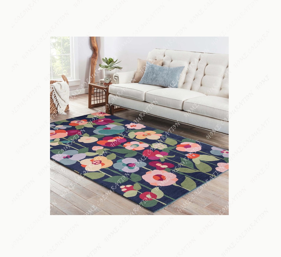 Floral Navy Blue Unshape Decor Rugs Rainbow Color New - Etsy