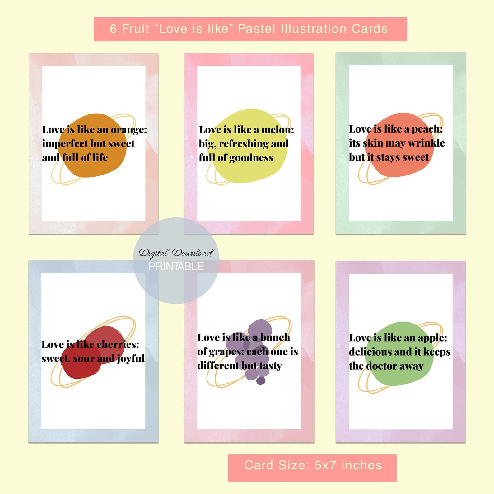 Funny Fruit Cards for Kids, Fruit Illustration Cards, Colorful Pastel ...