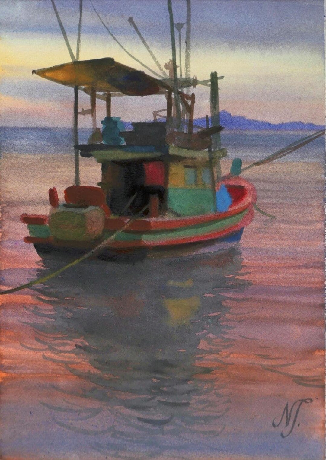 Seascape Painting, Watercolor, Original Art, Thai Boat, Sunset, Sea ...