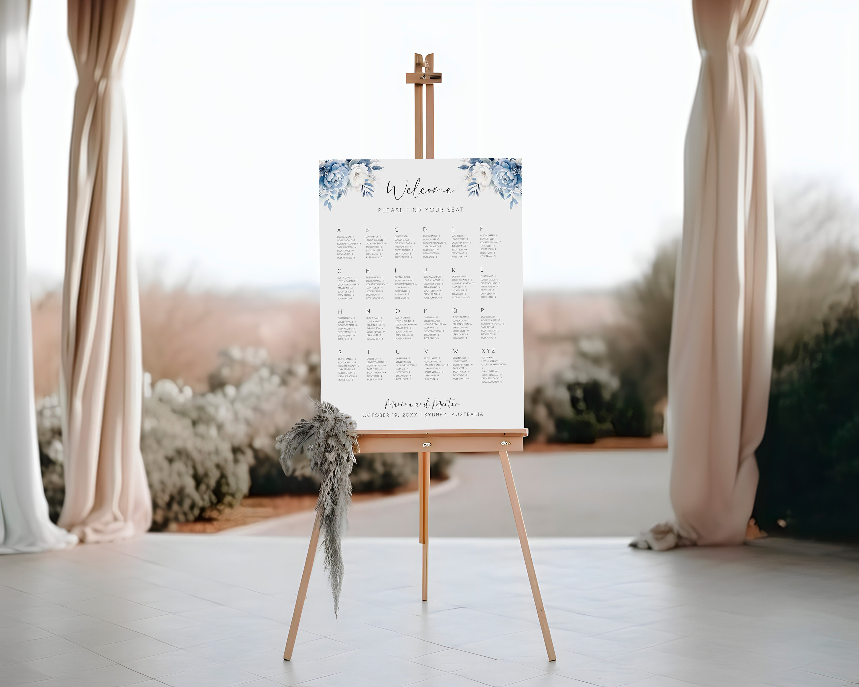 Dusty Blue Wedding Seating Chart Sign, DIY Editable Template, Navy Blue ...