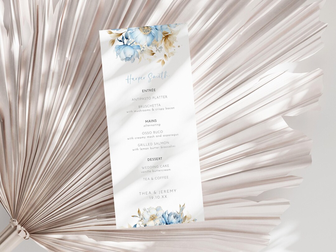 Blue and Gold Floral Wedding Menu Card, Editable Template, Light Blue ...