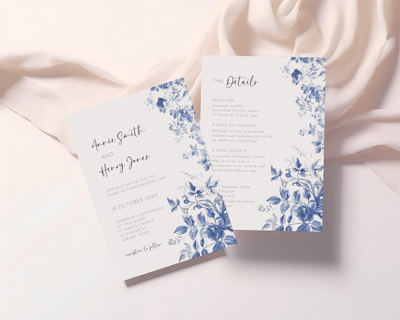 Blue French Toile Wedding Invite, Floral Porcelain Invite Editable ...