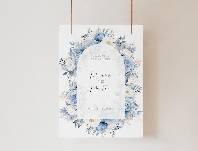 Welcome to Our Wedding Sign Dusty Blue Floral, Editable Template ...