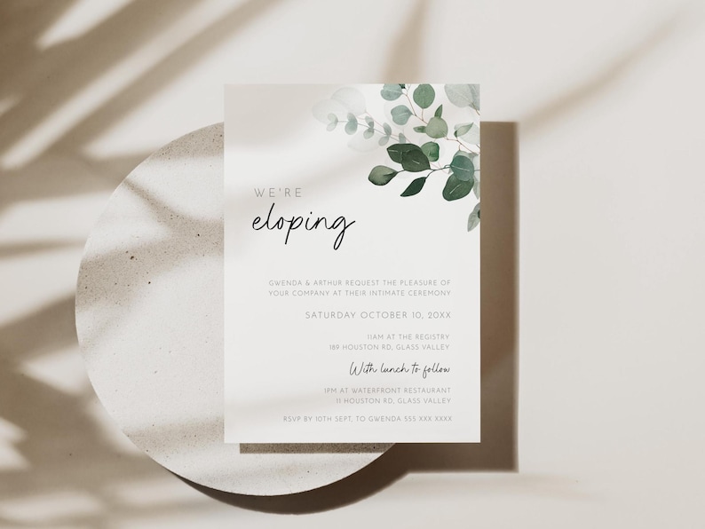We're Eloping Invitation Template, Eucalyptus Wedding Invite Editable ...