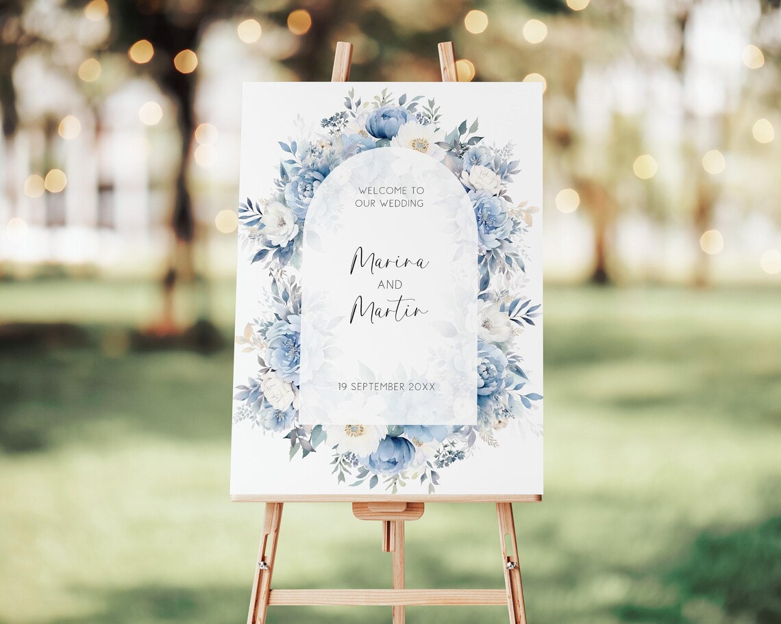 Welcome to Our Wedding Sign Dusty Blue Floral, Editable Template ...