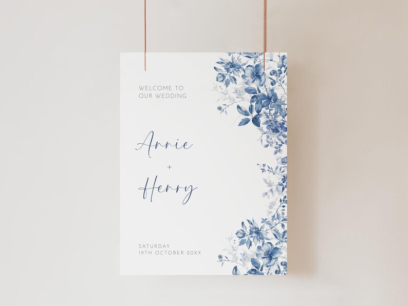 Chinoiserie Wedding Welcome Sign Template, Dusty Blue Floral Welcome to ...