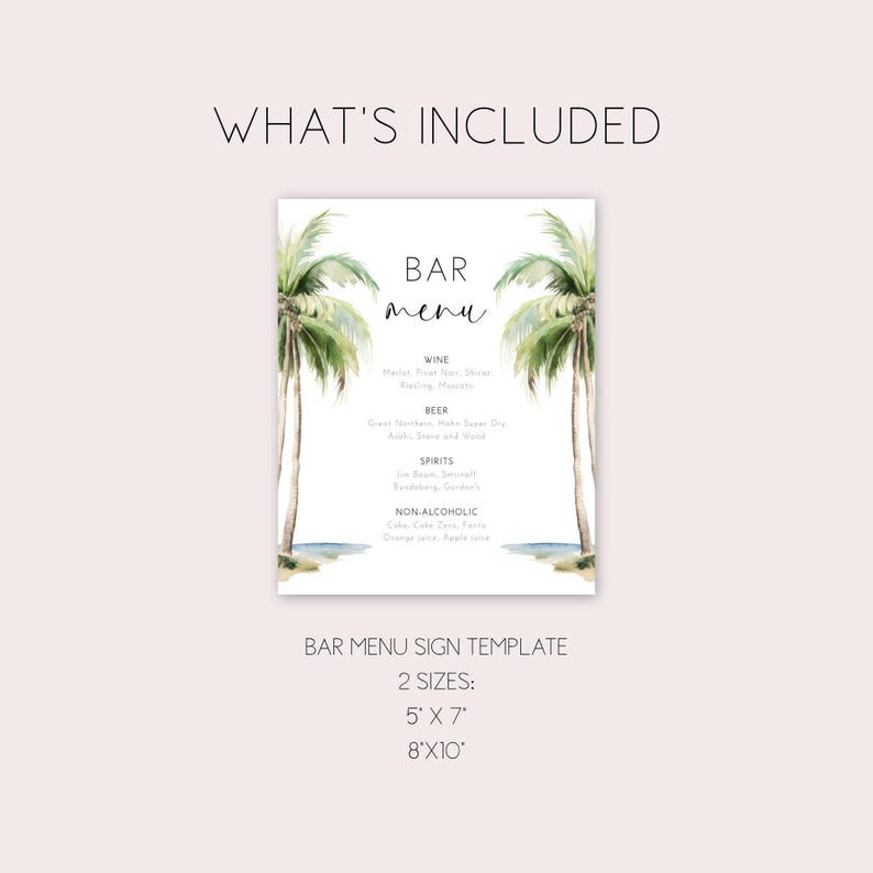Palm Tree Bar Menu Sign, Editable Template, Beach Wedding Printable Bar ...
