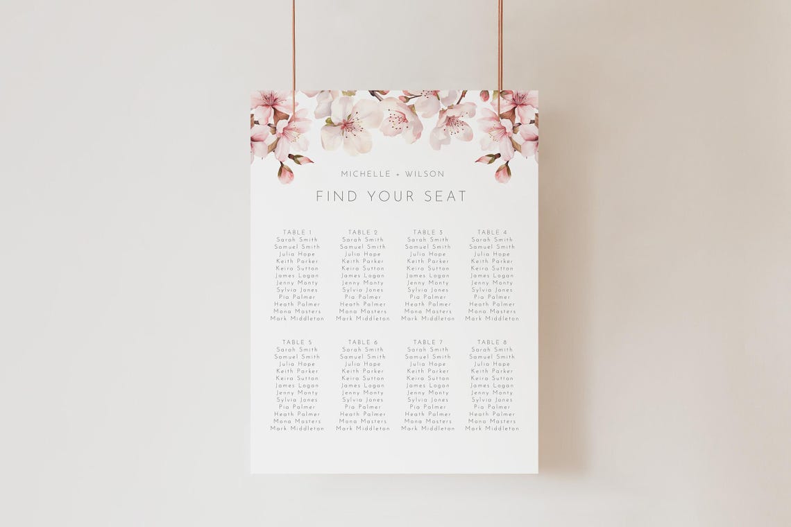 Cherry Blossom Table Seating Chart Template, Modern Wedding Seat Plan ...