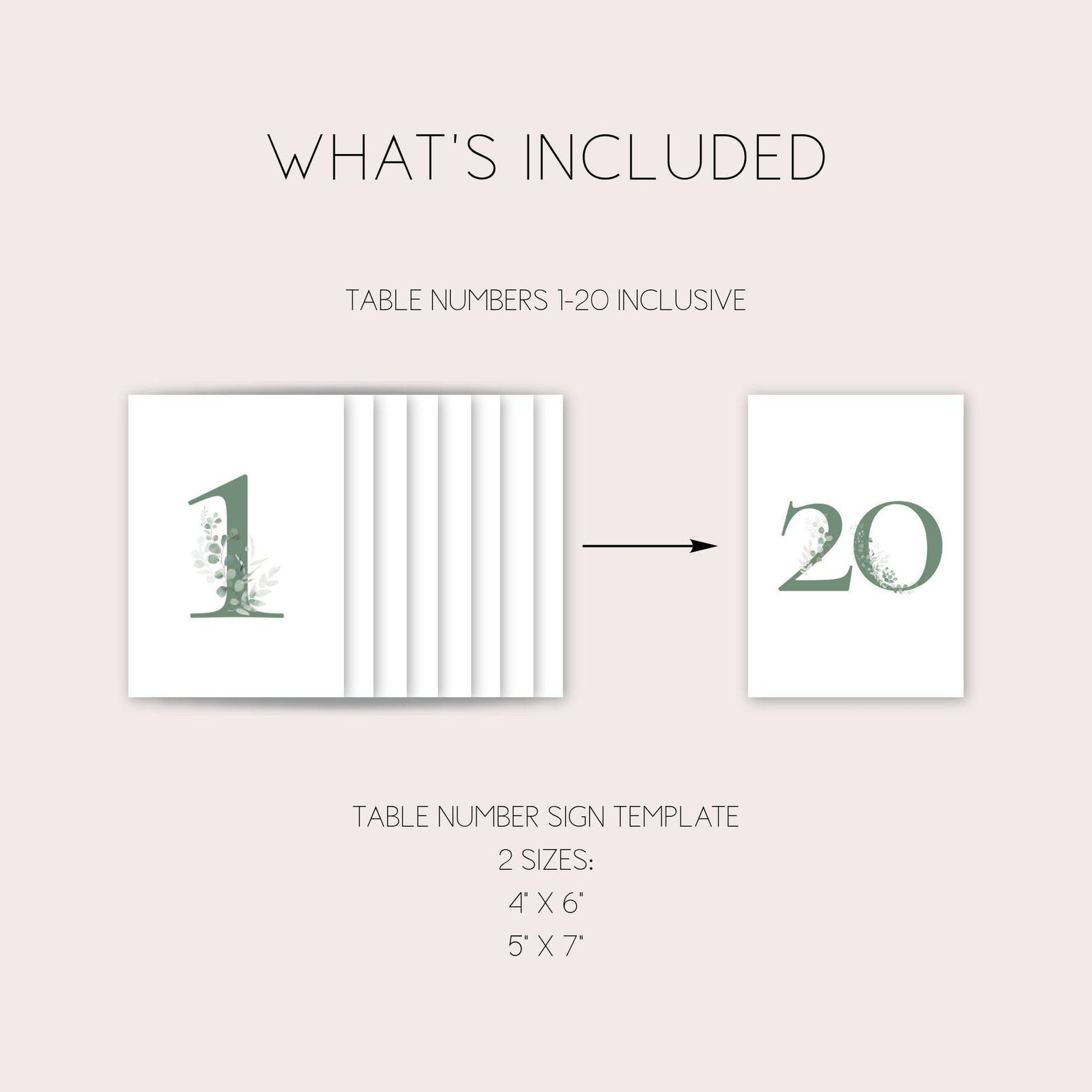 Minimalist Sage Green Wedding Table Number Sign, Eucalpytus Leaves ...