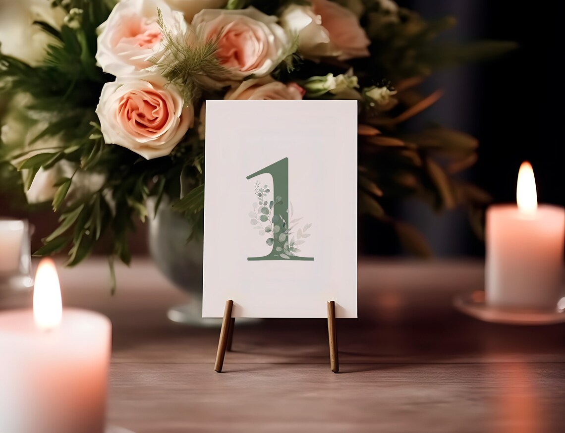 Minimalist Sage Green Wedding Table Number Sign, Eucalpytus Leaves ...