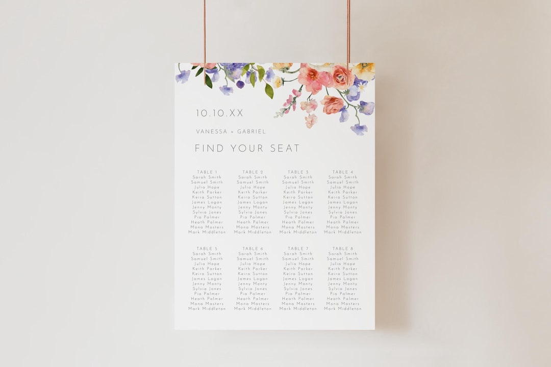 Colorful Floral Wedding Seating Chart Template, Find Your Seat Plan ...