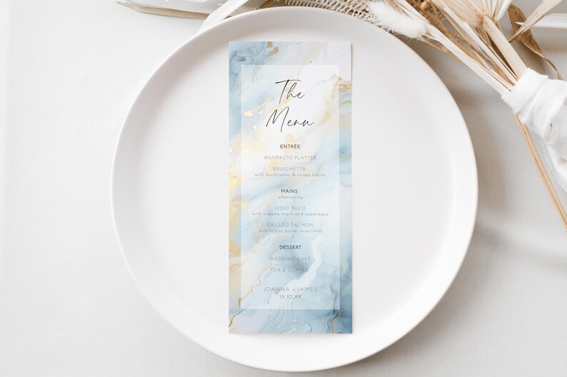 Dusty Blue and Gold Wedding Menu, Editable Dinner Menu Template ...