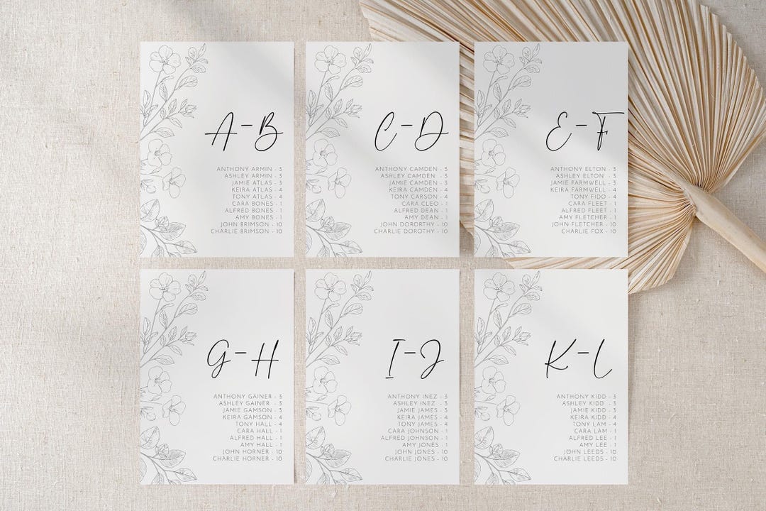 Hand Floral Alphabetical Seating Chart Cards, Editable Template ...