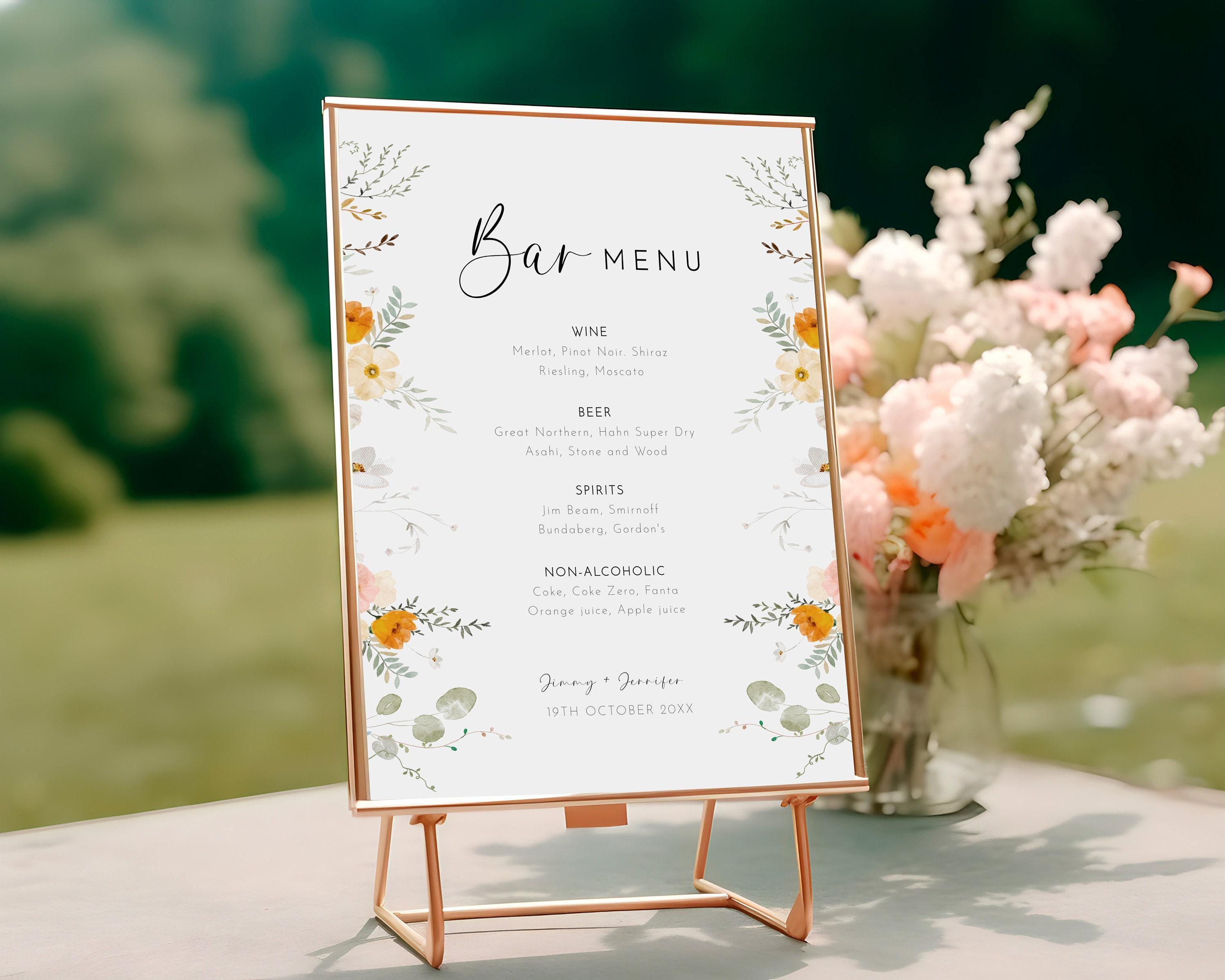 Boho Wildflower Wedding Bar Menu Sign, Editable Template, Let's Drink ...